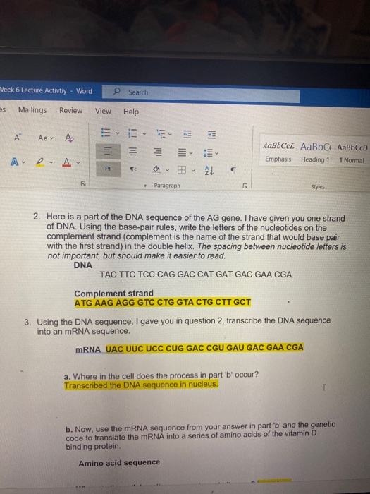 Solved Styles Paragraph TAC TTC TCC CAG GAC CAT GAT GAC GAA | Chegg.com