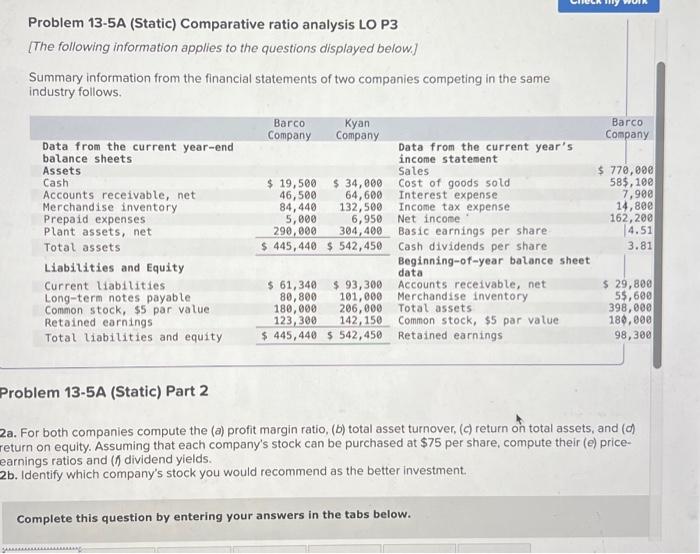Solved Problem 13-5A (Static) Comparative ratio analysis LO | Chegg.com