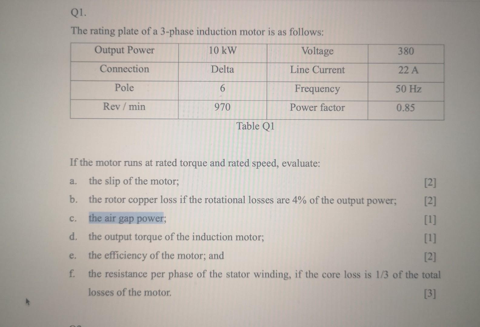 Solved The rating plate of a 3-phase induction motor is as | Chegg.com