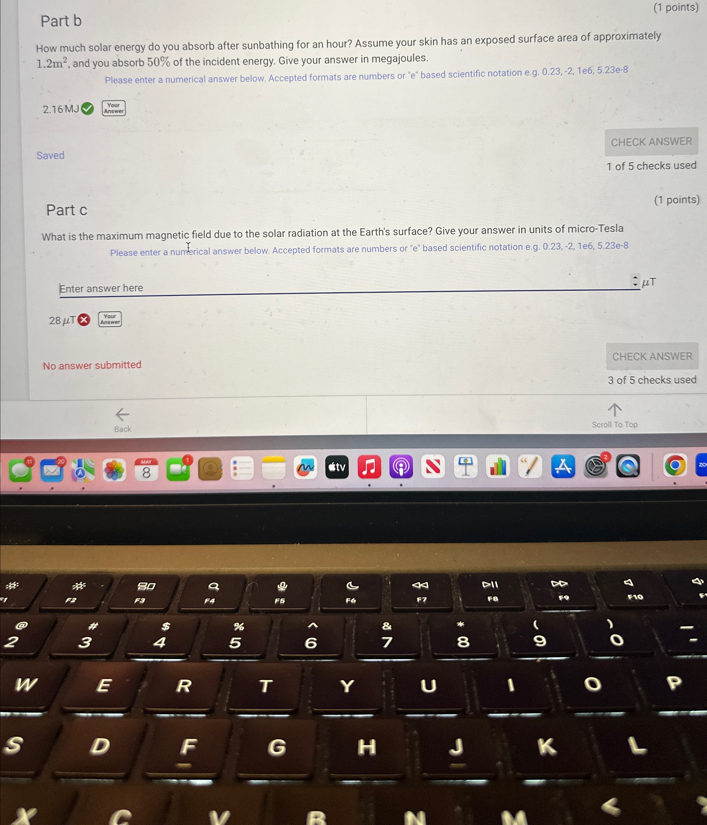 Solved Part b(1 ﻿points)How much solar energy do you absorb | Chegg.com