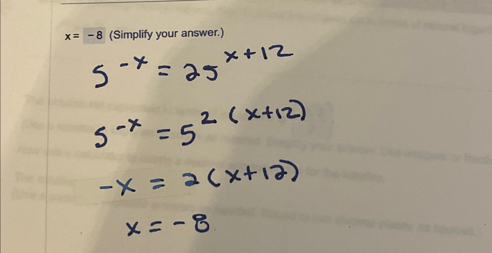 Solved x=-8 (Simplify your | Chegg.com