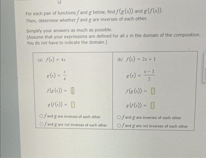 Solved For each pair of functions f and g below, find | Chegg.com
