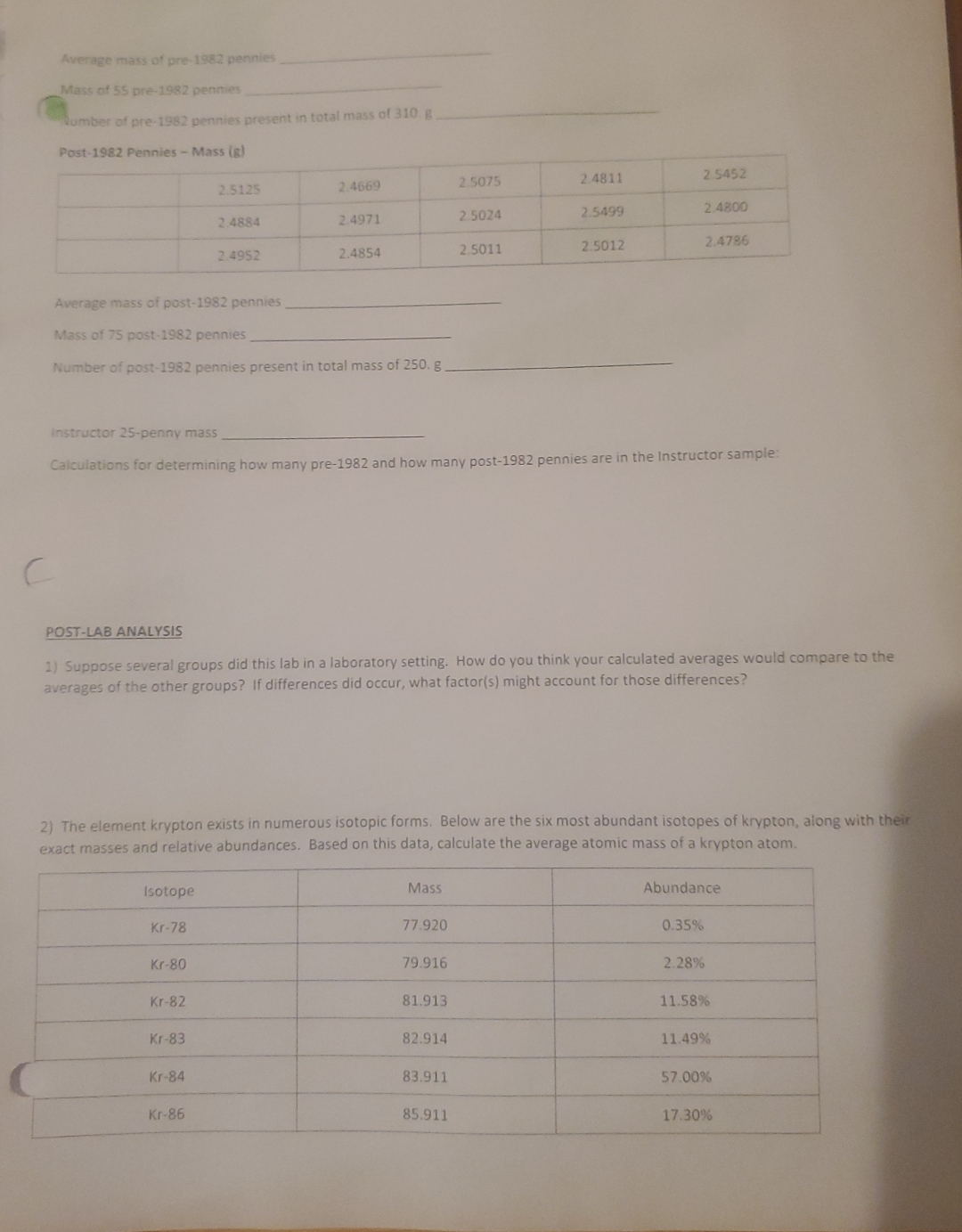 Solved Average mass of pre- 1982 ﻿pennies**gnot ex pre iosa | Chegg.com