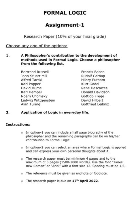 FORMAL LOGIC Assignment-1 Research Paper (10% of your | Chegg.com