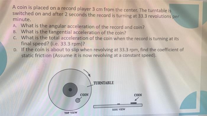 Solved A coin is placed on a record player 3 cm from the | Chegg.com