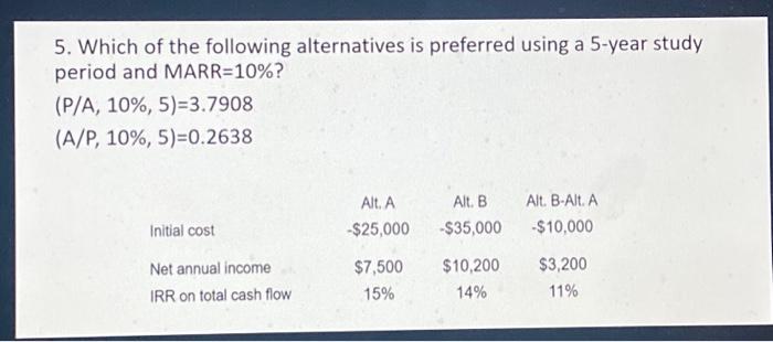 Solved 5. Which of the following alternatives is preferred | Chegg.com