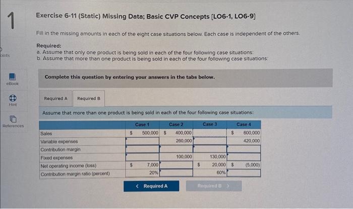 Solved Exercise 6-11 (Static) Missing Data; Basic CVP | Chegg.com Solved Exercise 6-11 (Static) Missing Data; Basic CVP | Chegg.com