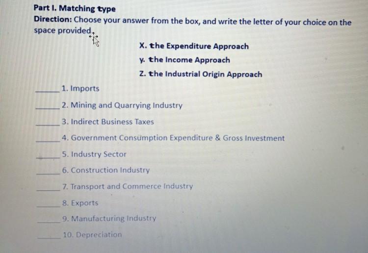 Solved Part I. Matching type Direction: Choose your answer | Chegg.com