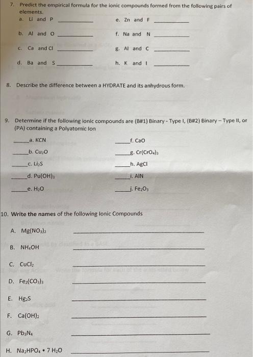 Solved 7. Predict the empirical formula for the ionic | Chegg.com