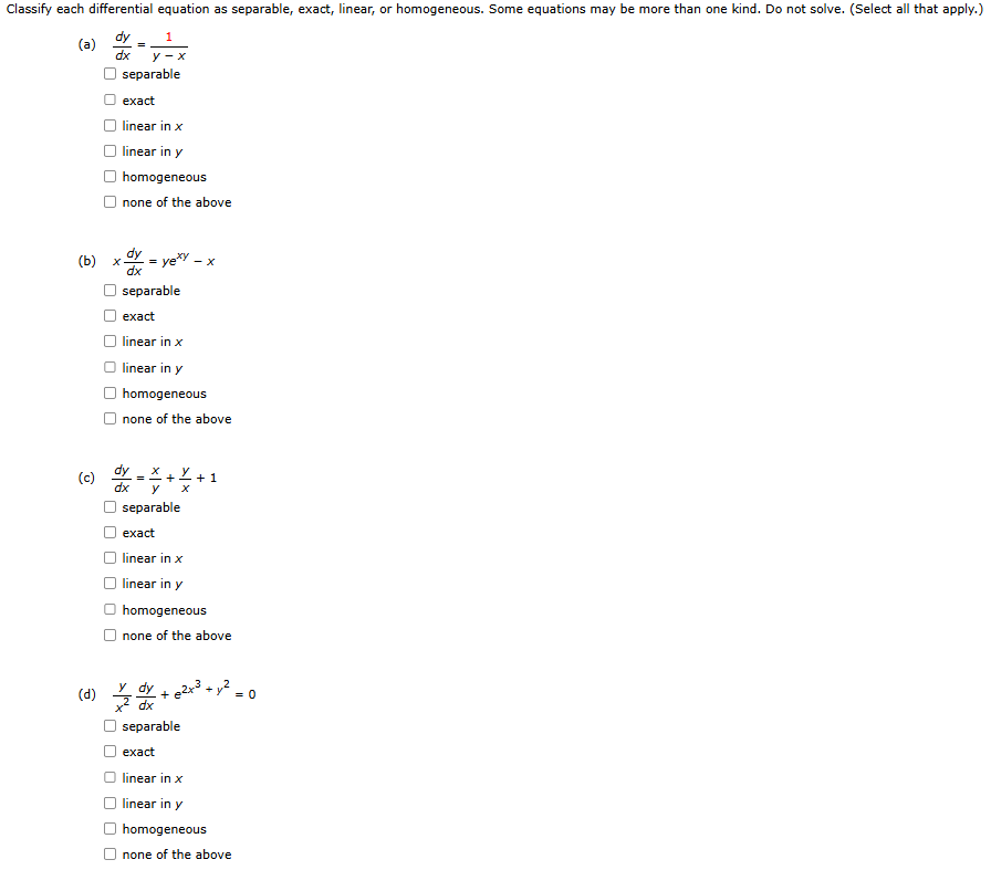 Solved Classify each differential equation as ﻿separable, | Chegg.com