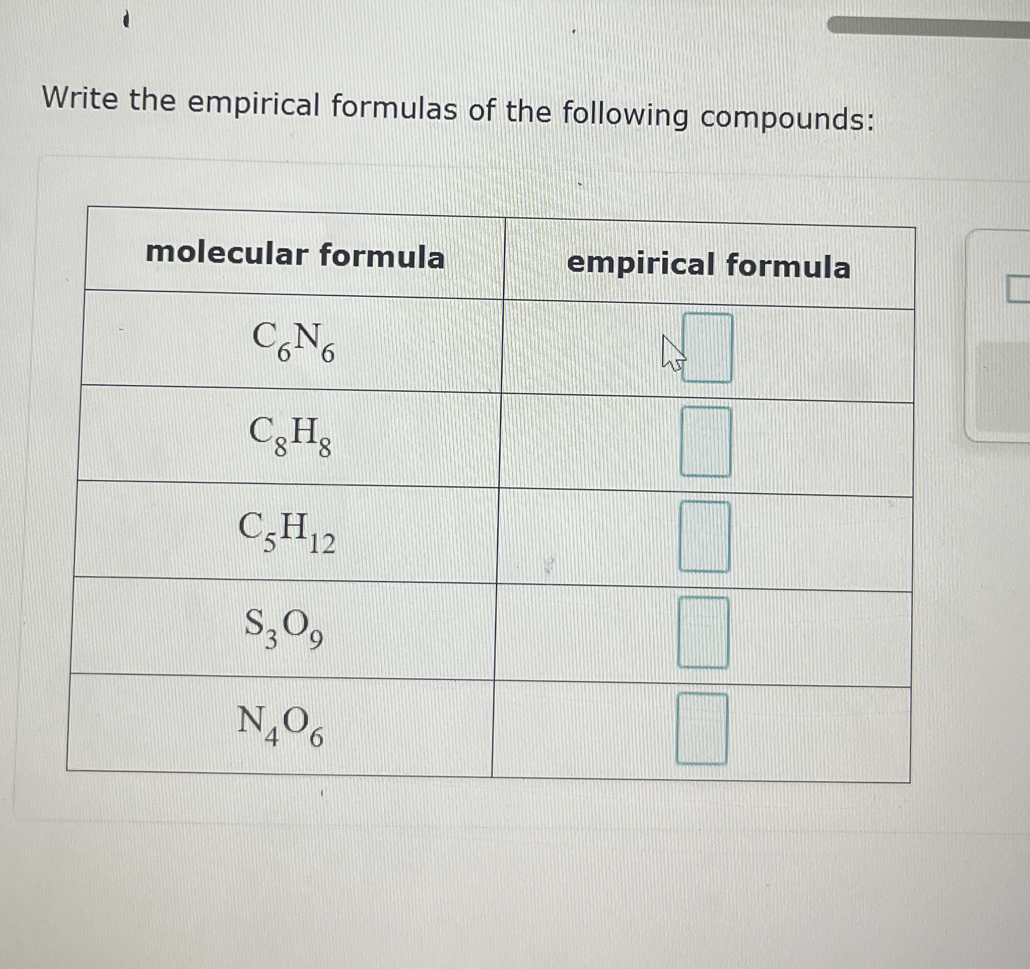 Solved Write the empirical formulas of the following | Chegg.com
