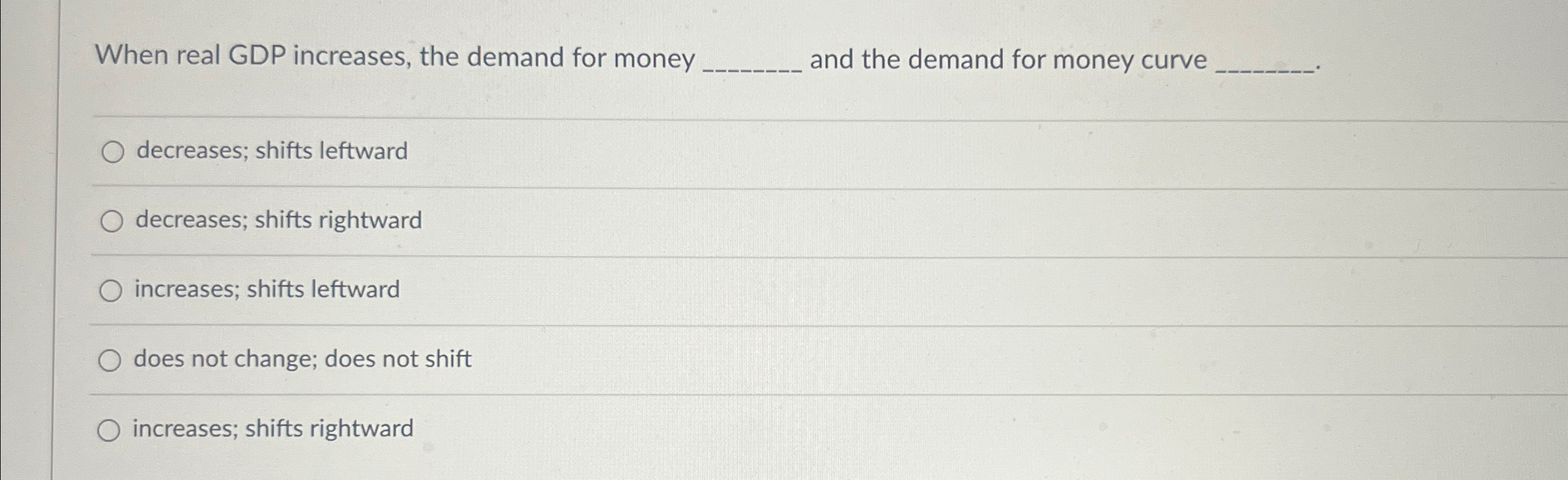 Solved When real GDP increases, the demand for money ﻿and | Chegg.com