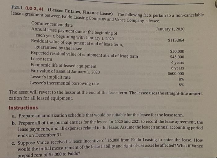 Solved P21.1 ( LO 2, 4) (Lessee Entries, Finance Lease) The | Chegg.com