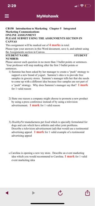 Solved 2:29 - MyMohawk CB158 Introduction to Marketing | Chegg.com