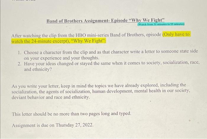 Band of Brothers Assignment- Episode "Why We Fight" | Chegg.com