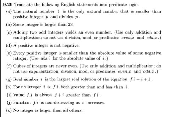 Solved 9.29 Translate the following English statements into | Chegg.com