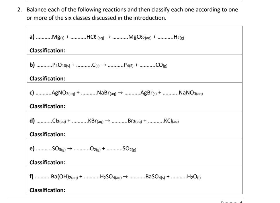Solved 2. Balance each of the following reactions and then | Chegg.com