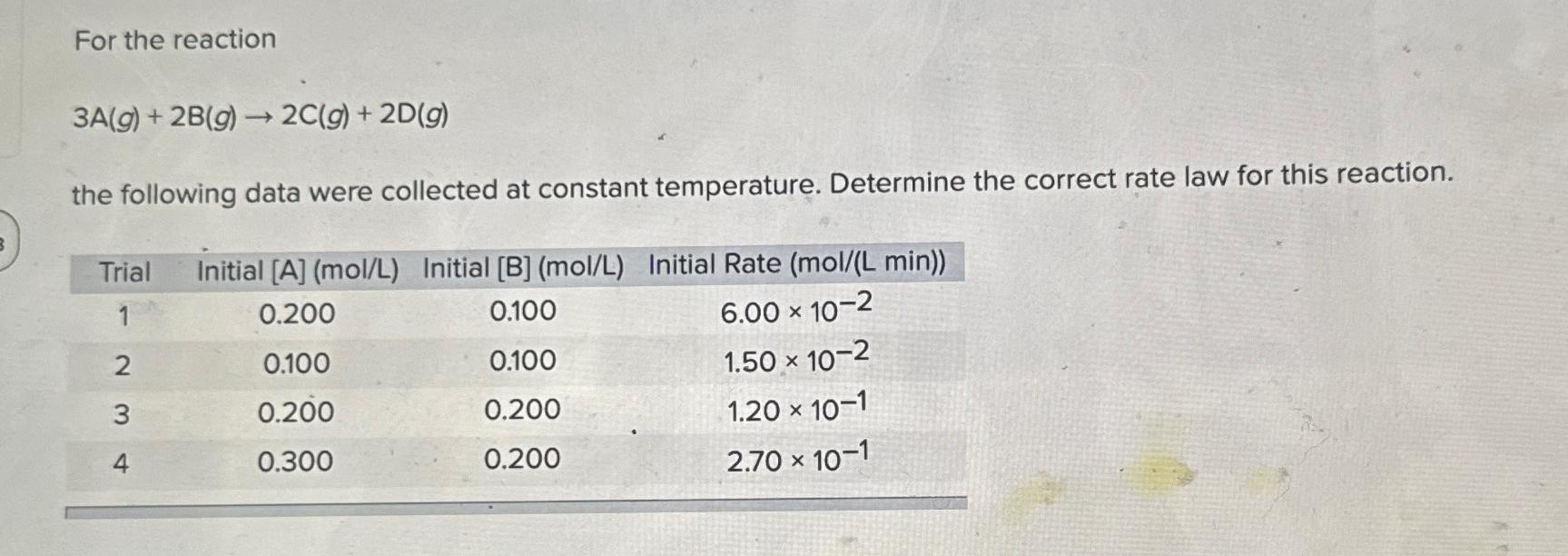 Solved For the reaction3A(g)+2B(g)→2C(g)+2D(g)the following | Chegg.com