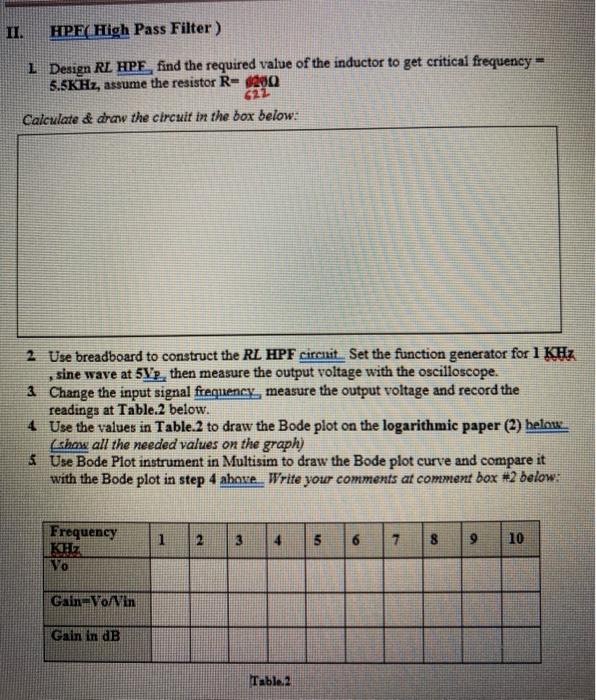 Solved II. HPF High Pass Filter) 1 Design RL HPE find the | Chegg.com