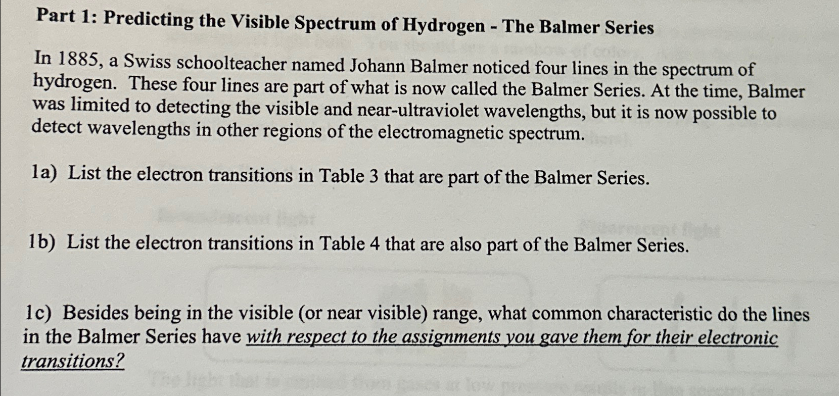 Solved Part 1: Predicting the Visible Spectrum of Hydrogen - | Chegg.com