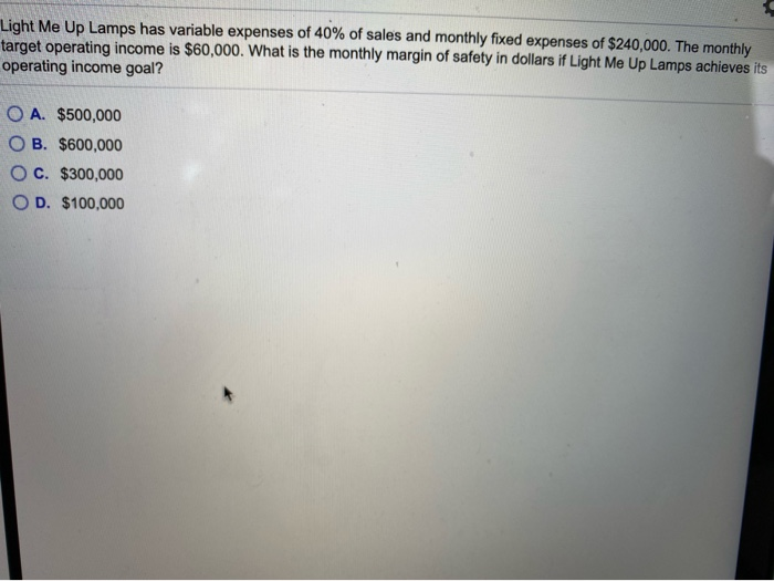 Solved Light Me Up Lamps has variable expenses of 40% of | Chegg.com