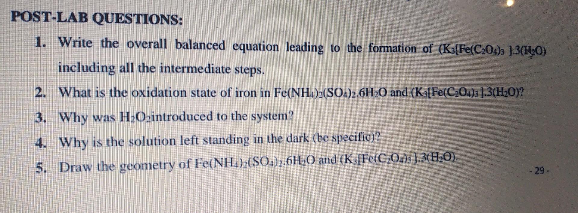 Solved POST-LAB QUESTIONS: 1. Write the overall balanced | Chegg.com