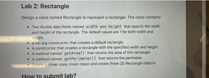 Solved Lab 2: Rectangle Design a class named Rectangle to | Chegg.com