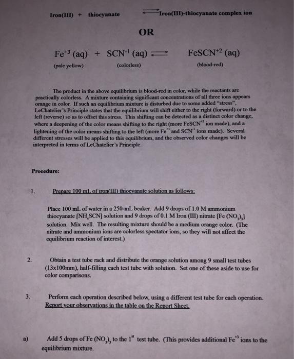 Solved Iron(III) + thiocyanate Iron(III)-thiocyanate complex | Chegg.com