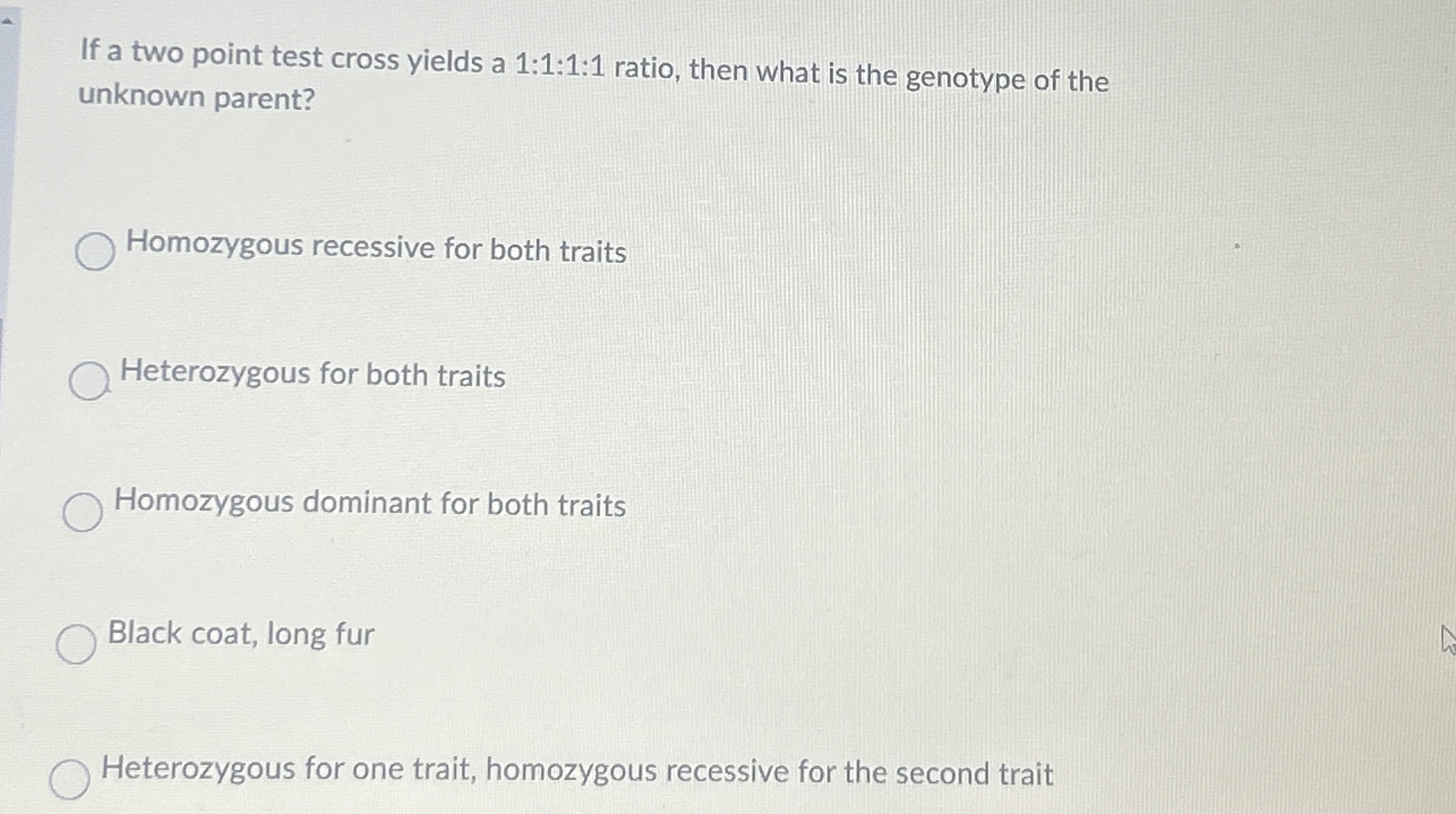 Solved If a two point test cross yields a 1:1:1:1 ﻿ratio, | Chegg.com