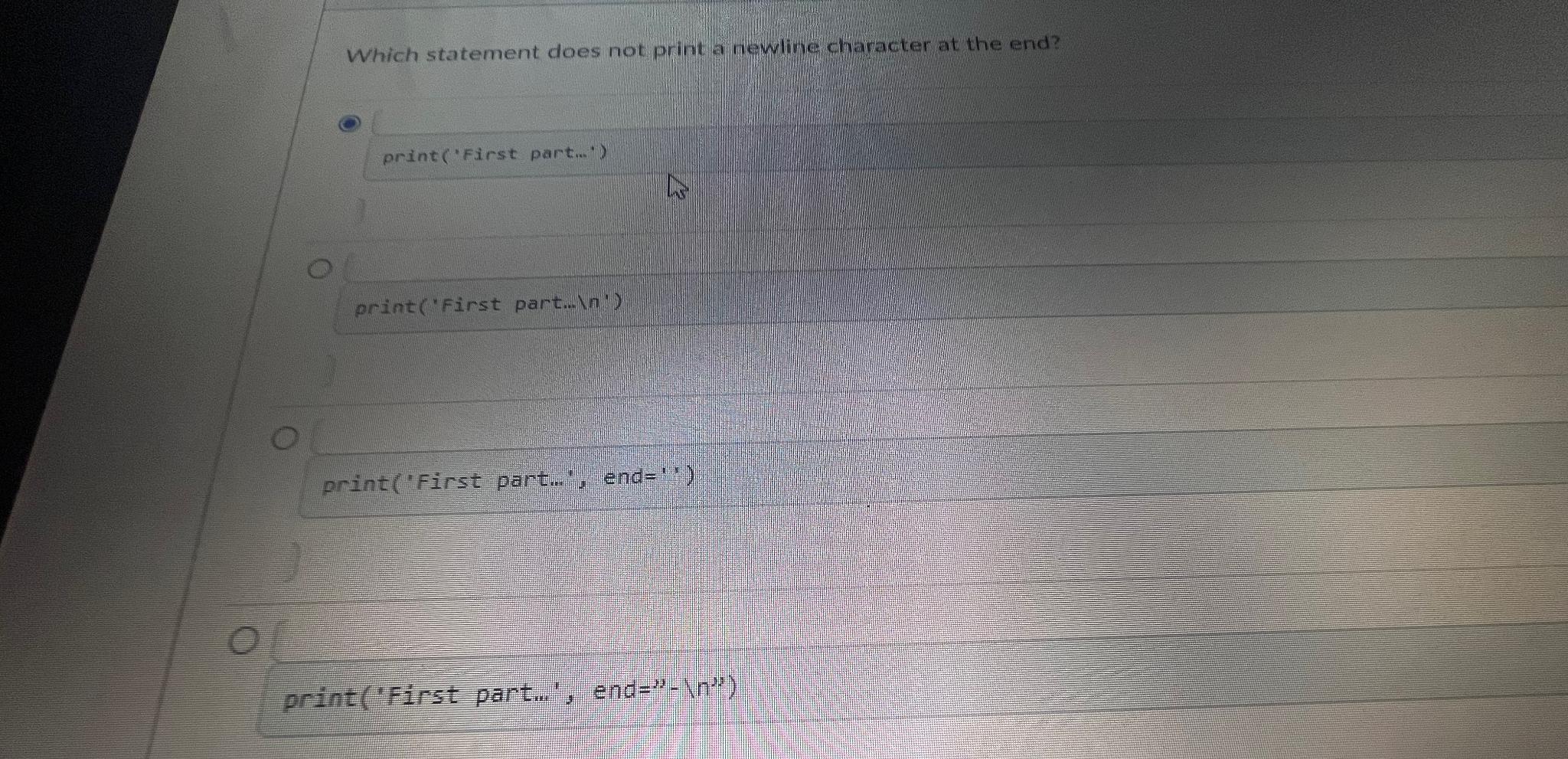 Solved Which statement does not print a newline character at | Chegg.com