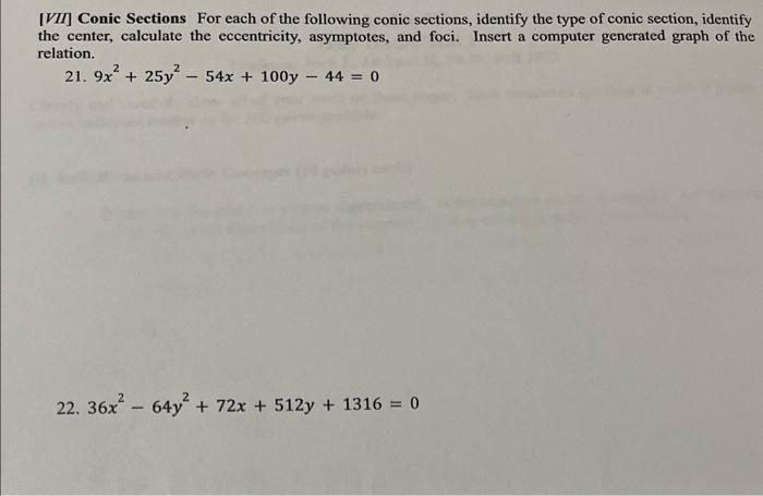 Solved [VII] Conic Sections For each of the following conic | Chegg.com