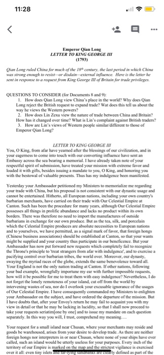 How does Qian Long view China’s place in the world? | Chegg.com