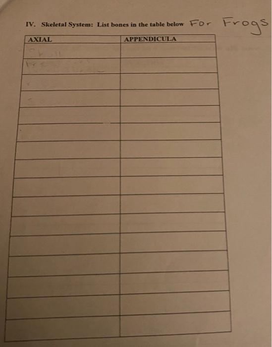 Solved IV. Skeletal System: List bones in the table below | Chegg.com