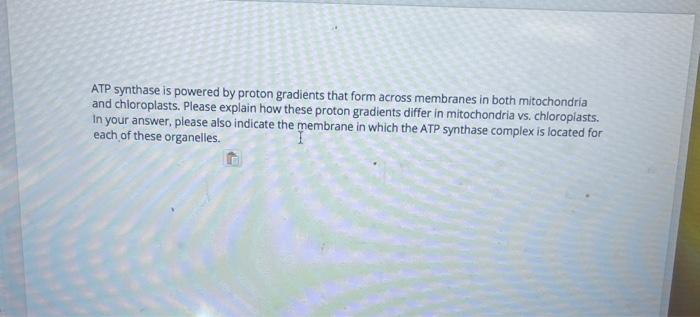 Solved ATP synthase is powered by proton gradients that form | Chegg.com