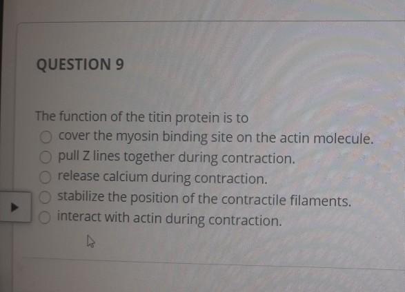 Solved QUESTION 9 The function of the titin protein is to | Chegg.com