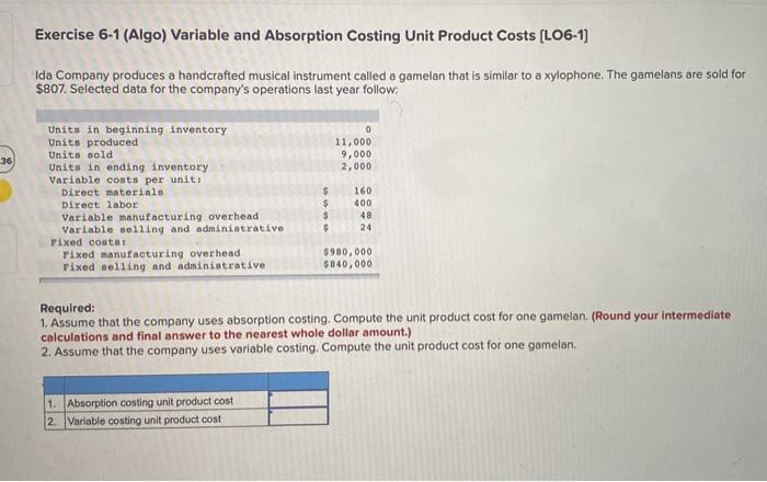 Solved Exercise 6-1 (Algo) Variable and Absorption Costing | Chegg.com