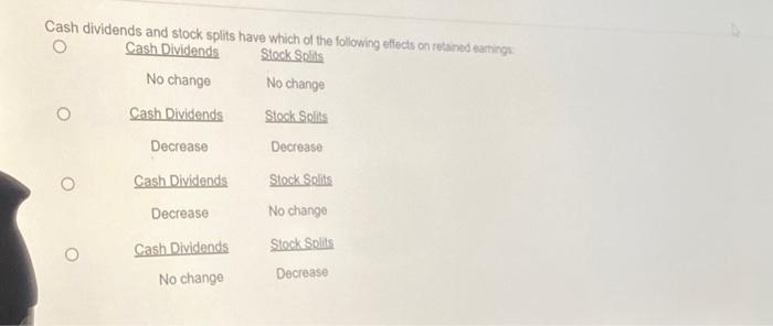 Solved Cash dividends and stock splits have which of the | Chegg.com