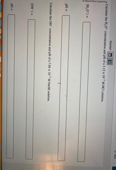 Solved Calculate the H3O+concentration and pH of a | Chegg.com
