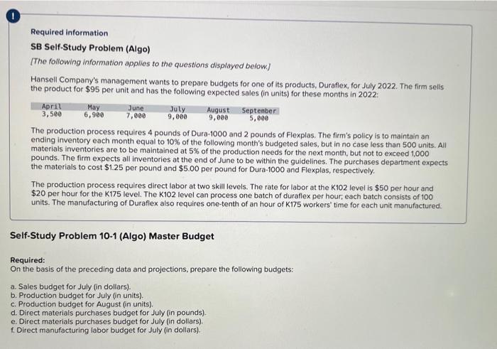 Solved Required information SB Self-Study Problem (Algo) | Chegg.com