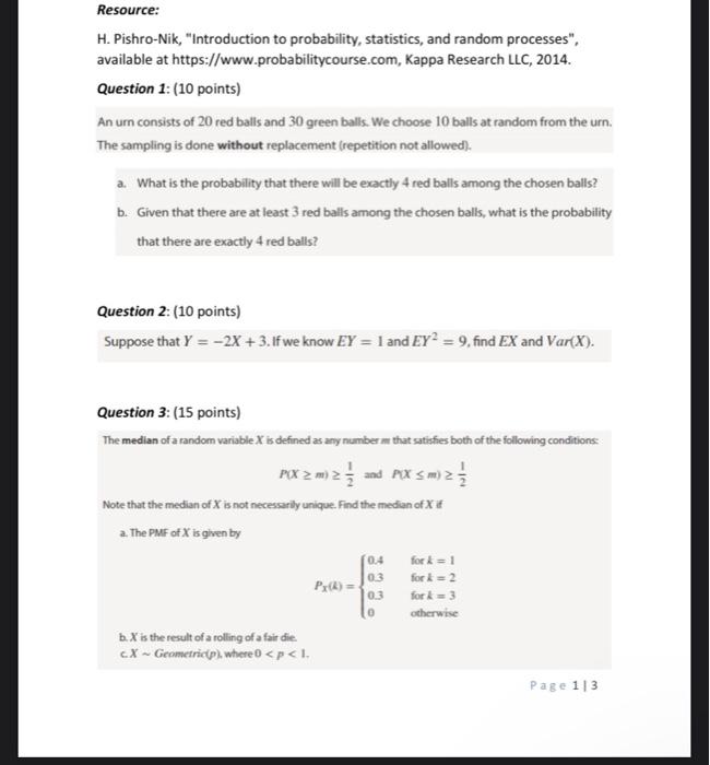 Solved Resource: H. Pishro-Nik, "Introduction to | Chegg.com