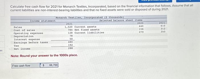 Solved Calculate free cash flow for 2021 for Monarch | Chegg.com