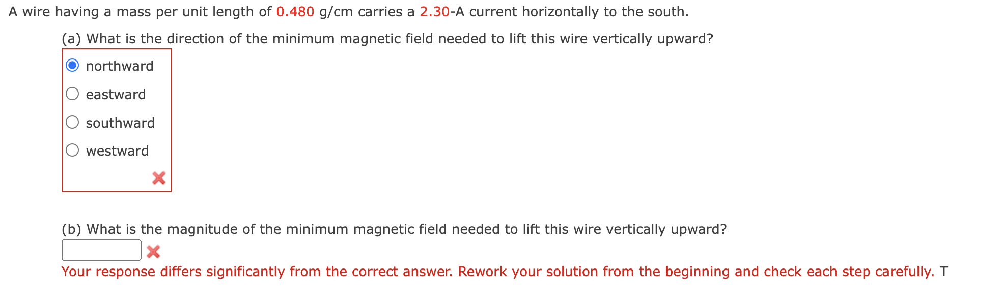 Solved A wire having a mass per unit length of 0.480gcm | Chegg.com