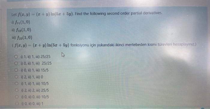 Solved Let f(x, y) = (x + y) ln(5x + 5y). Find the following | Chegg.com