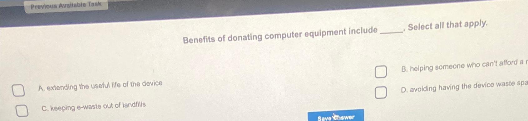 Solved Previous Available TaskBenefits of donating computer | Chegg.com