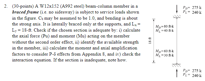 Solved (30-points) ﻿A W12x152 (A992 ﻿steel) ﻿beam-column | Chegg.com