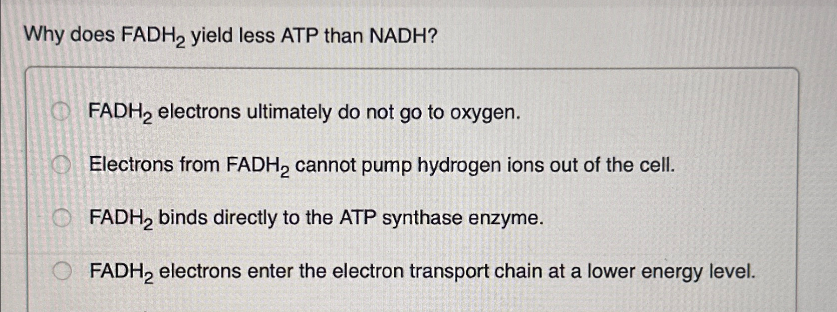 Solved Why does FADH2 ﻿yield less ATP than NADH?FADH2 | Chegg.com