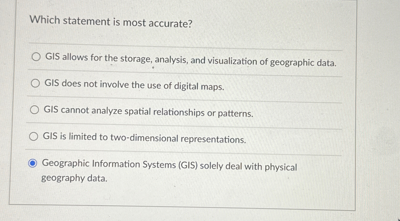 Solved Which statement is most accurate?GIS allows for the | Chegg.com