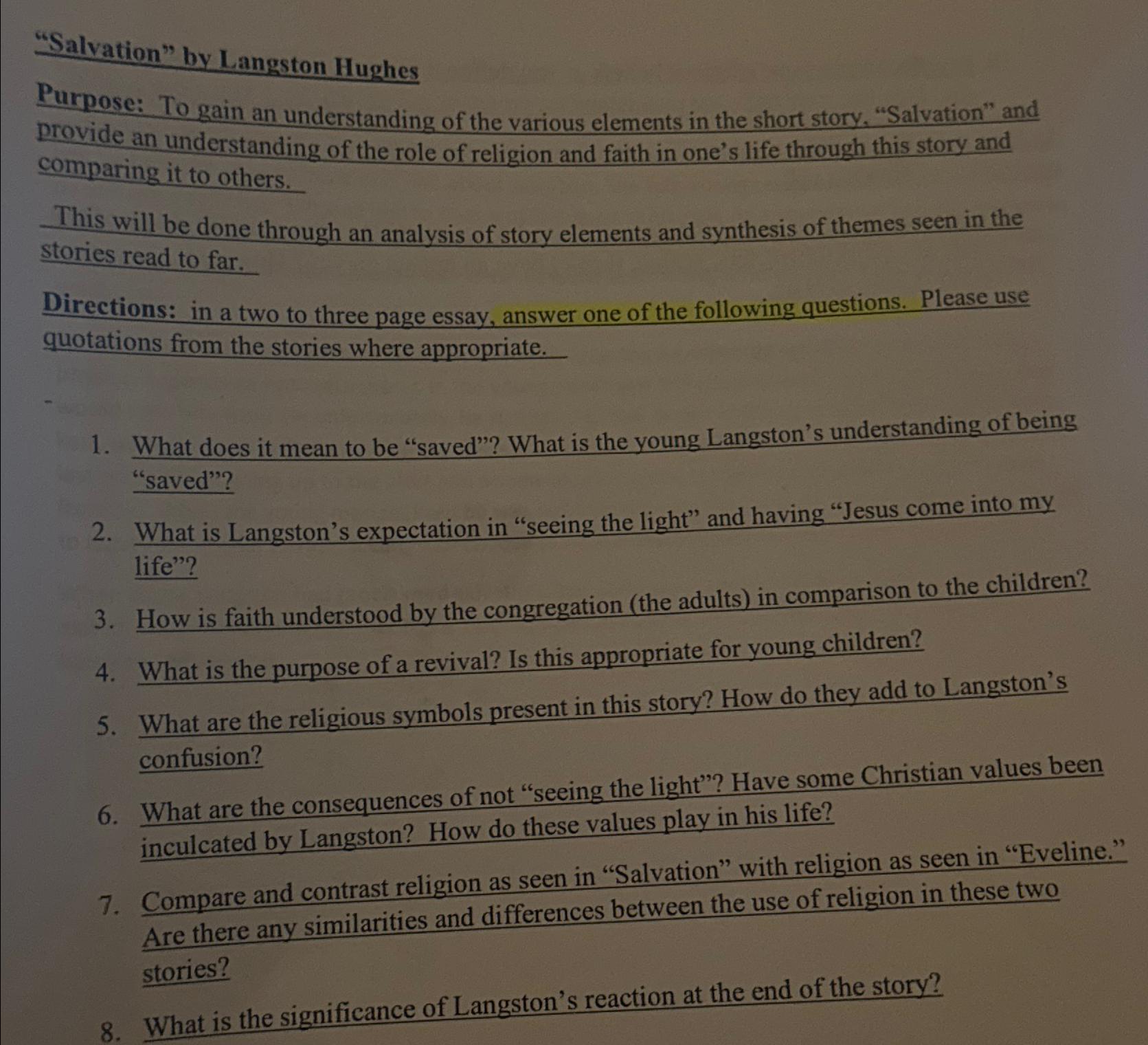 Solved "Salvation" by Langston HughesPurpose: To gain an | Chegg.com