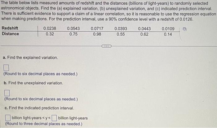 Solved The table below lists measured amounts of redshift | Chegg.com