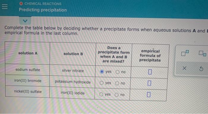 Solved = O CHEMICAL REACTIONS Predicting precipitation | Chegg.com